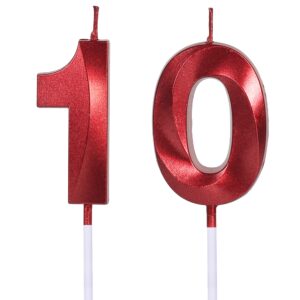 red 10th birthday candles for cakes, number 10 glitter candle cake topper for party anniversary wedding celebration decoration