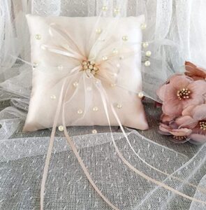 labjuly ring pillow pearl ring bearer pillows 5.9x5.9 inch champagne stain ribbons bow fall wedding ring pillows for bridal wedding