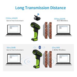 2D Bluetooth Industrial Barcode Scanner, Industrial Bar Code Reader with Wireless 433Mhz 1800 Feet Transmission Distance，for Intensive scanning of Large Warehouses