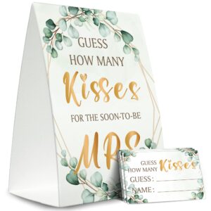 tesedupoole bridal shower game cards kit (1 standing sign + 50 guessing cards),greenery golden,guess how many kisses for the soon to be mrs,bridal tribe party - rh15