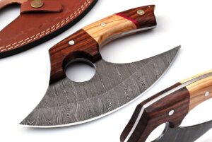 bushcraft custom handmade damascus steel ulu knife - best alaskan damascus ulu knife with sheath - multi-purpose damascus knives for skinning, hunting, chopping, (rose wood & olive)