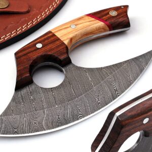 Bushcraft Custom Handmade Damascus Steel Ulu Knife - Best Alaskan Damascus Ulu Knife With Sheath - Multi-Purpose Damascus Knives For Skinning, Hunting, Chopping, (Rose Wood & Olive)