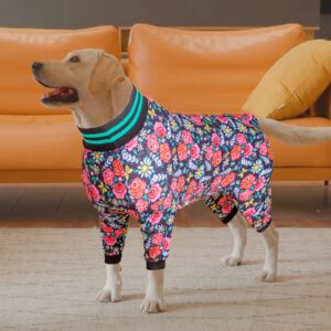 LovinPet Big Dog Pajamas, Base Layer Dog Pjs Under Dog Sweater, UV & Post Operative Protection High Collar Dog Jumpsuit, Stretchable Plenty Roses Black Prints Large Dog Jammies XL