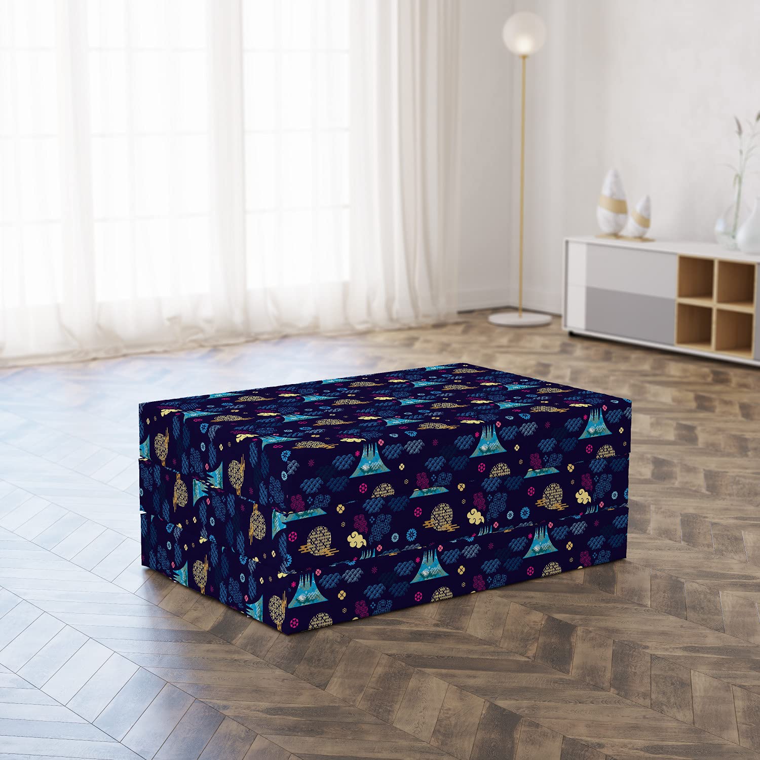 Ambesonne East Foldable Mattress, Japanese Surreal Elements, 74.8" x 39.4", Dark Purple Multicolor