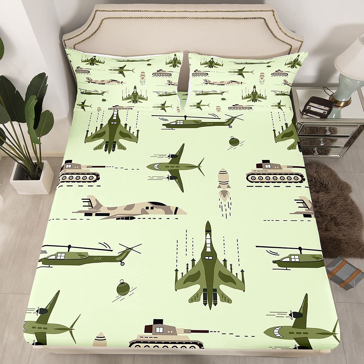 Feelyou 3D Army Helicopter Bedding Fitted Sheet Airplane Tank Bed Sheet Set for Kids Boys Girls Teens Popular Decor Bedding Sheets Army Transportation Bed Cover with 1 Pillowcase 2Pcs Bedding Twin