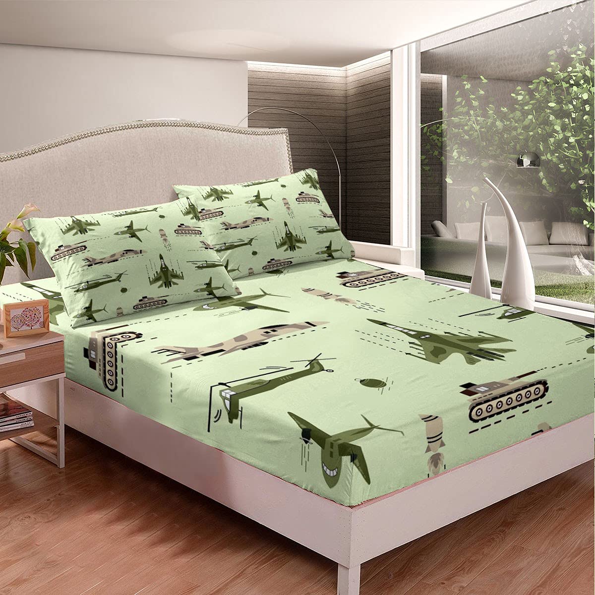 Feelyou 3D Army Helicopter Bedding Fitted Sheet Airplane Tank Bed Sheet Set for Kids Boys Girls Teens Popular Decor Bedding Sheets Army Transportation Bed Cover with 1 Pillowcase 2Pcs Bedding Twin