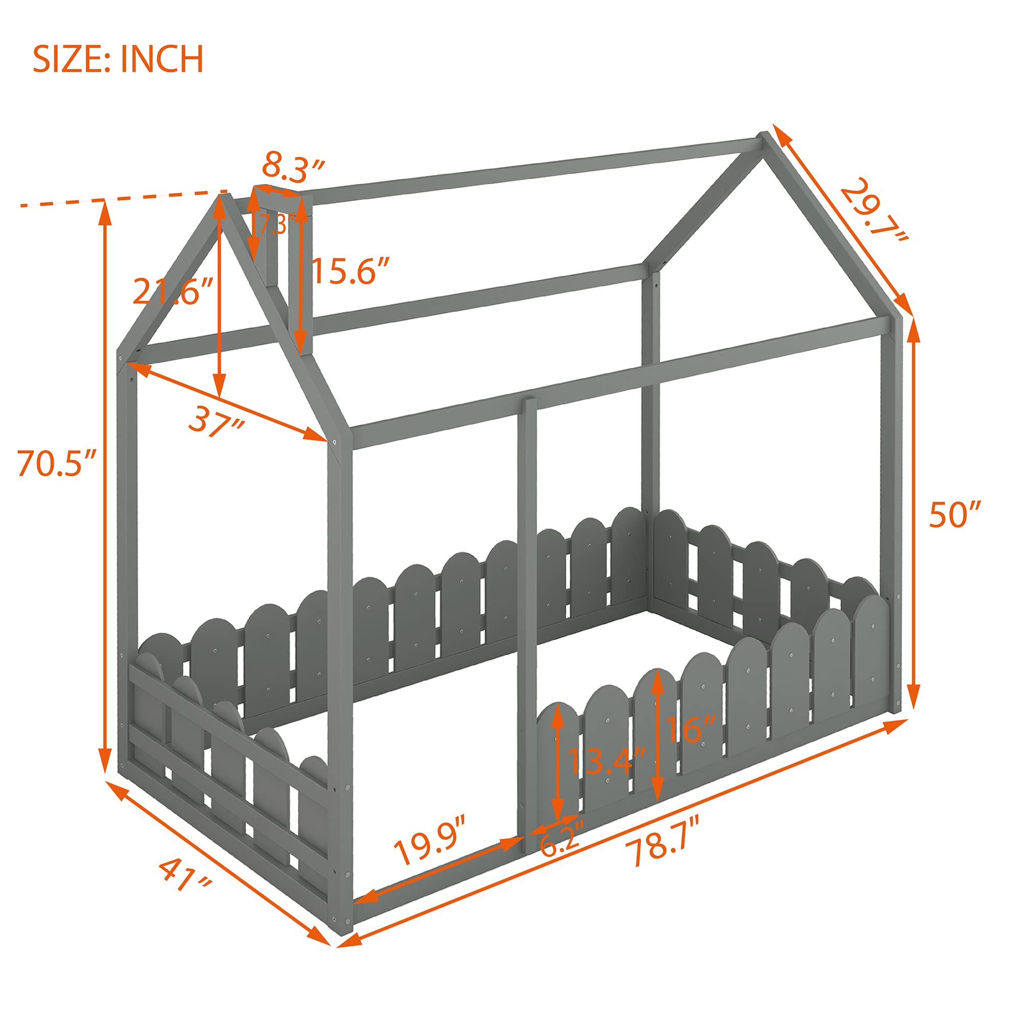 AOCOROE Twin Size House Bed for Boys and Girl Wood Twin Platform Bed Frame Playhouse Design Canopy Bed Tent Bed with Roof and Fence, Floor Height,Grey