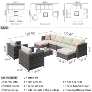 XIZZI Patio Furniture Set, No Assembly 9 PCS Big Size Outdoor Sectional Sofa All Weather PE Rattan Wicker Outdoor Furniture with 2 Pillows,Grey Wicker Beige Cushion