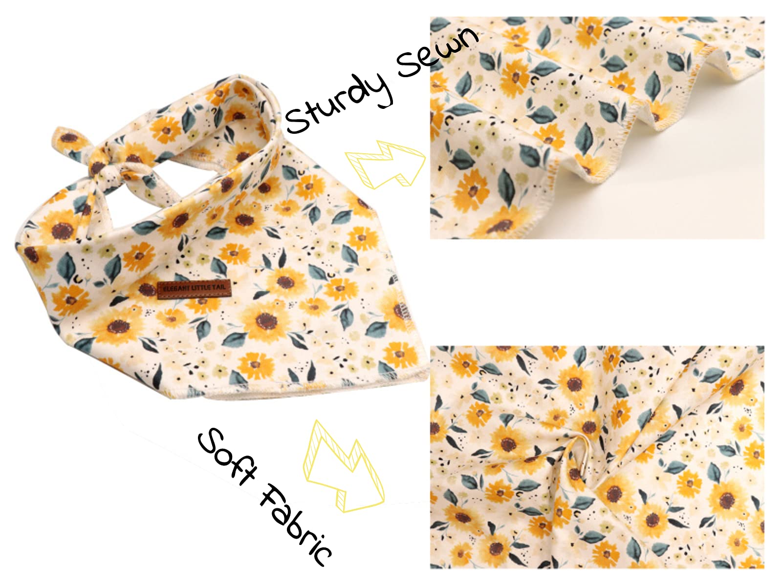 Elegant little tail Dog Bandanas - 1Pack Sunflower Print Washable Dog Scarf Female Square Dog Bib Kerchief Scarf Adjustable Pet Bandana for Medium Large Dogs