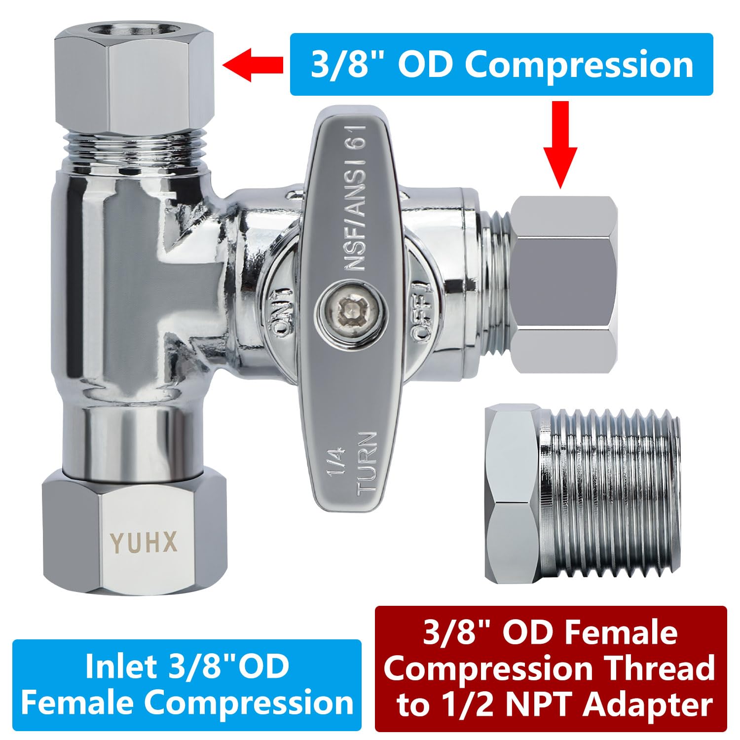 YUHX Brass Angle Stop Add-A-Tee Valve for TOTO Washlet Bidet and Handheld Sprayer, 3/8 Inch Compression Shut Off 3 Way Diverter Connector, 3/8"x3/8"x3/8" or 1/2" Toilet T Adapter