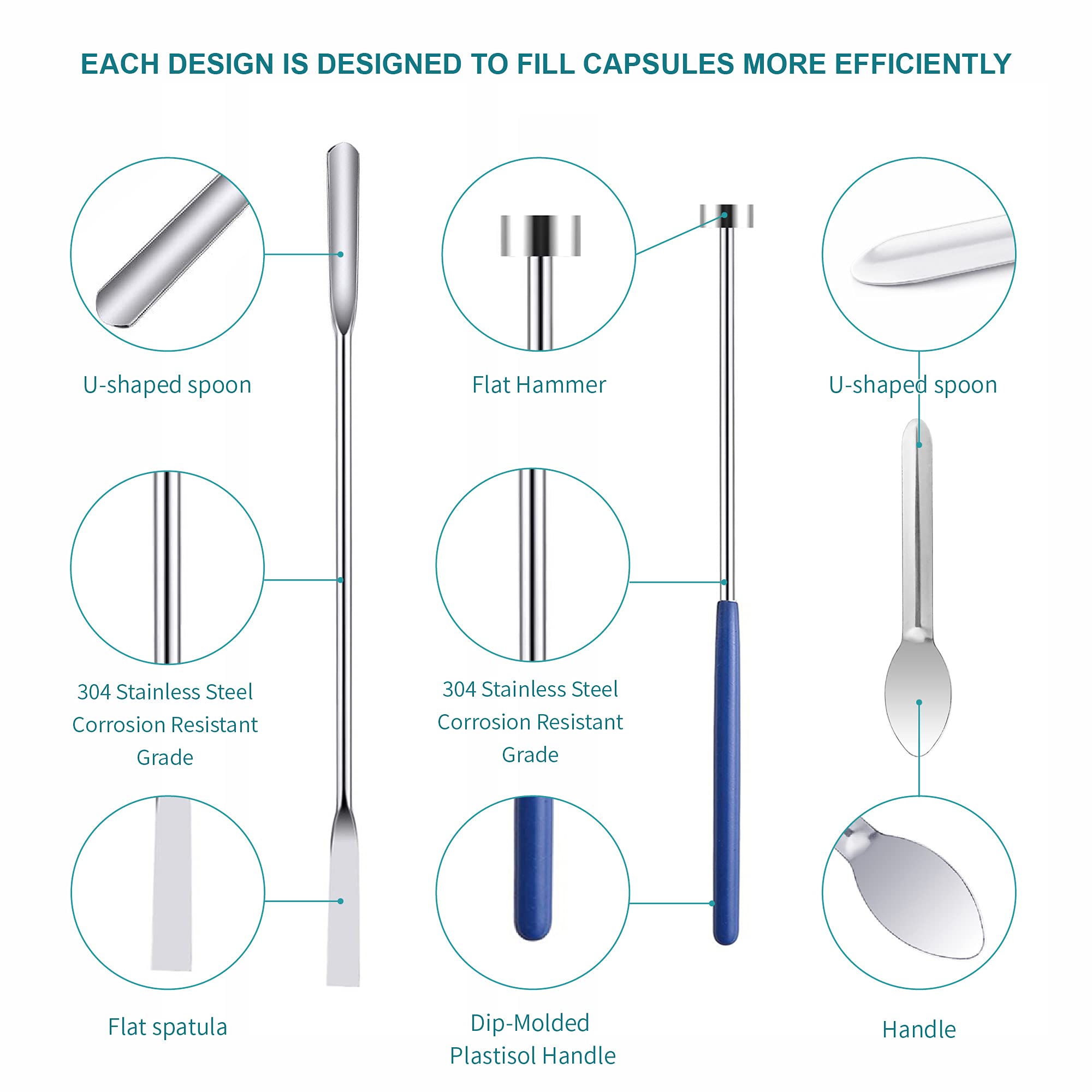 Capsule Filling Machine Kit – Pill Filler Tray Tools Size 00 for Quickly Maker Empty Gel Capsules, Lab Spoons Spatula Scoops Tool (6Pcs)