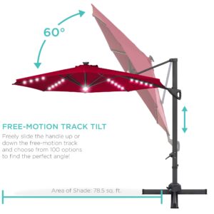 Best Choice Products 10ft Solar LED Cantilever Patio Umbrella, 360-Degree Rotation Hanging Offset Market Outdoor Sun Shade for Backyard, Deck, Poolside w/Lights, Easy Tilt, Cross Base - Burgundy