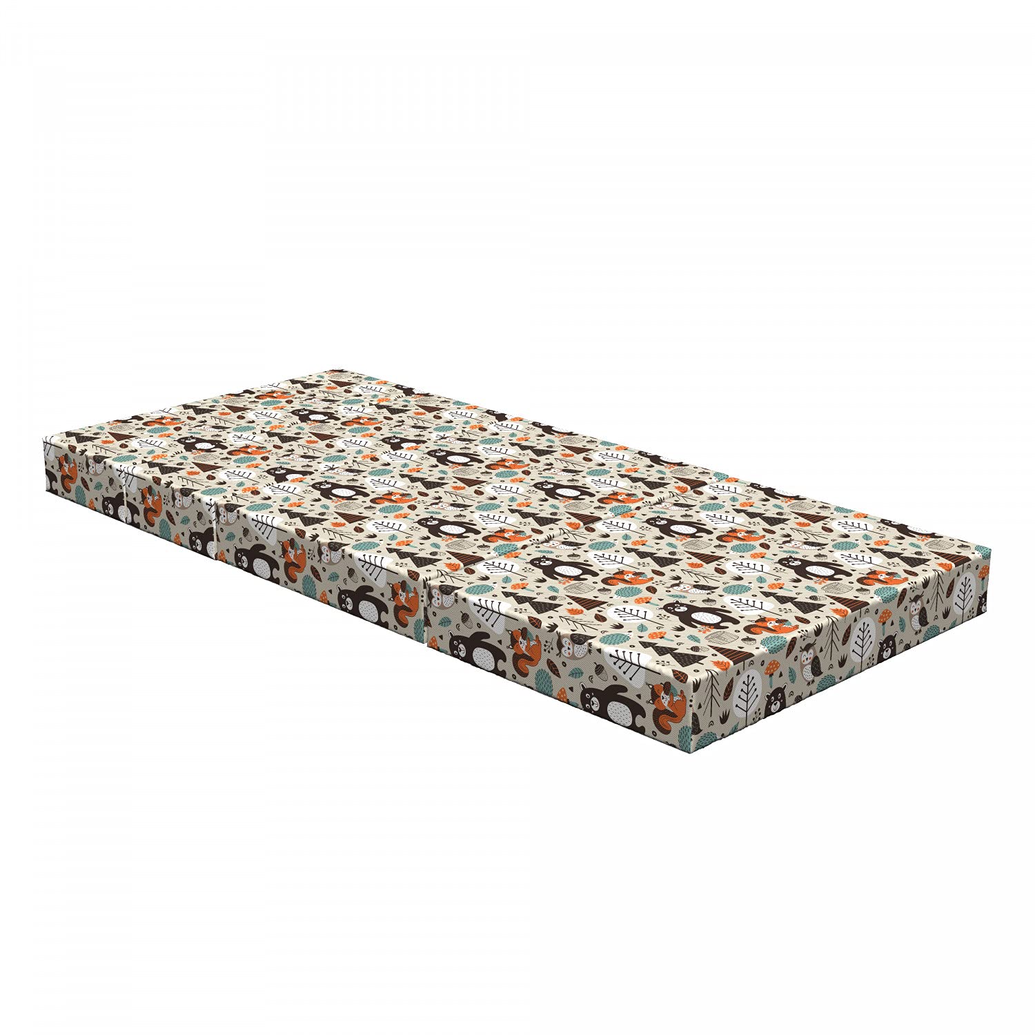 Ambesonne Cartoon Foldable Mattress, Forest Animals and Botany, 74.8" x 35.4", Grey Yellow Multicolor