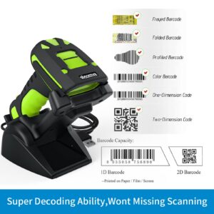 2D Bluetooth Industrial Barcode Scanner, Industrial Bar Code Reader with Wireless 433Mhz 1800 Feet Transmission Distance，for Intensive scanning of Large Warehouses