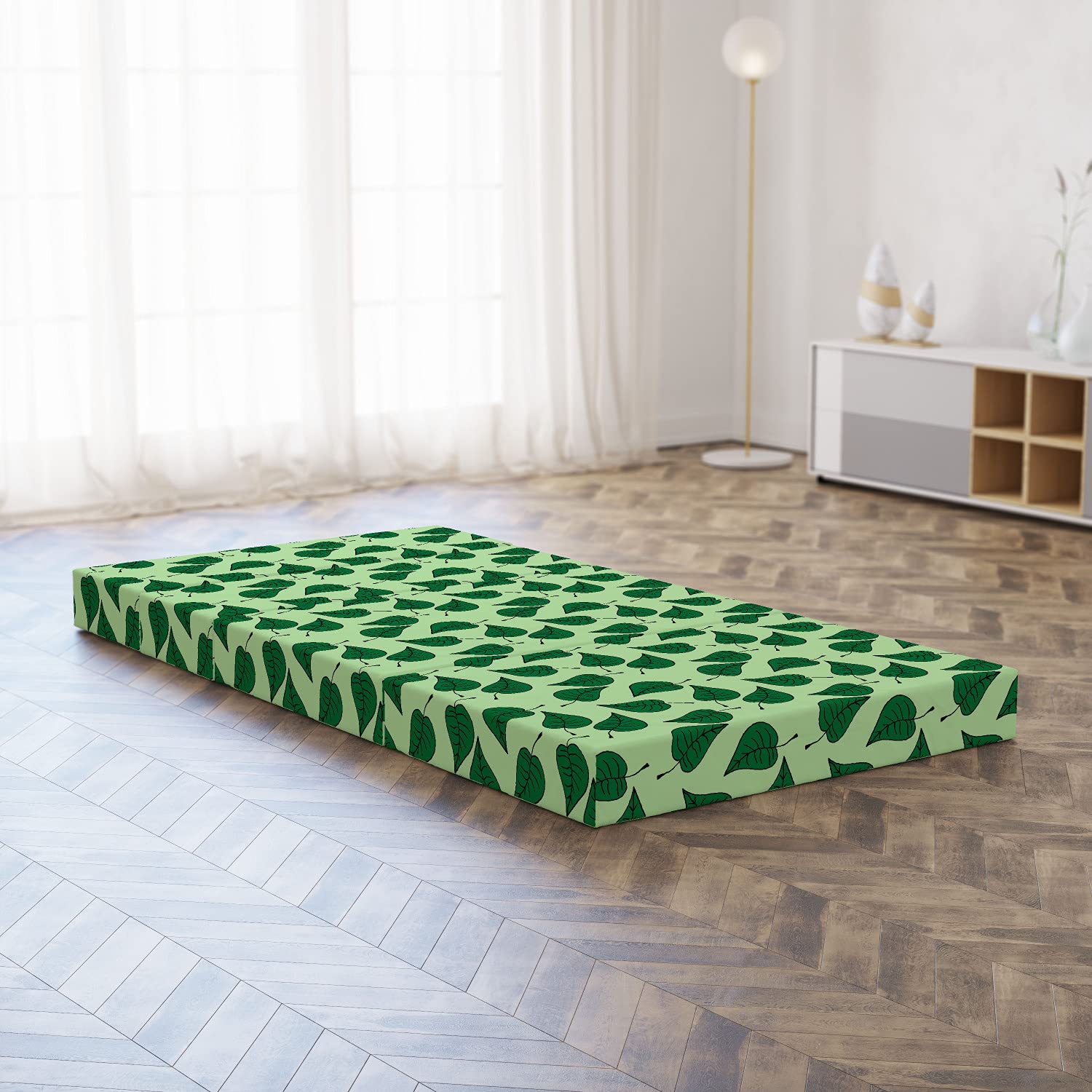 Ambesonne Leaves Foldable Mattress, Composition of Nature, 74.8" x 39.4", Pale Green Fern Green