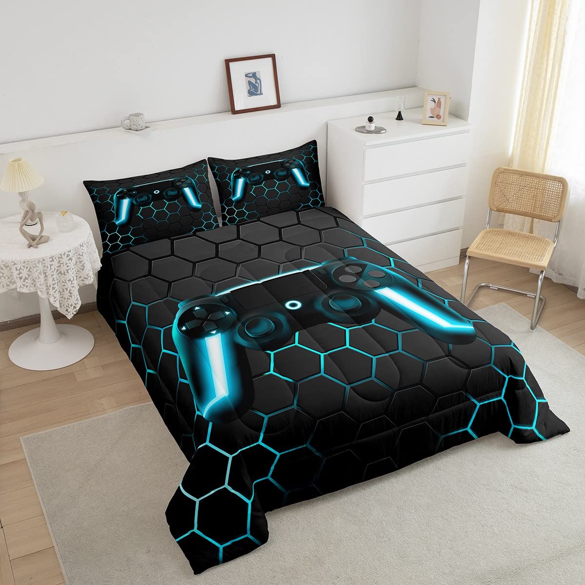 Gaming Comforter for Boys Teens Game Bedding Sets Twin,Kids Gamer Comforter Set Game Home Decor,Soft Neon Lights Gamepad Duvet Insert All Season Hexagon Quilt Comforter with 1 Pillowcase, Blue Grey