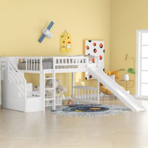 Harper & Bright Designs Twin Size Loft Bed with Slide and Stairway, Wooden Low Loft Bed with Storage for Kids Girls Boys (White)