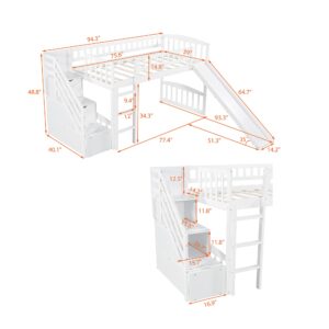 Harper & Bright Designs Twin Size Loft Bed with Slide and Stairway, Wooden Low Loft Bed with Storage for Kids Girls Boys (White)