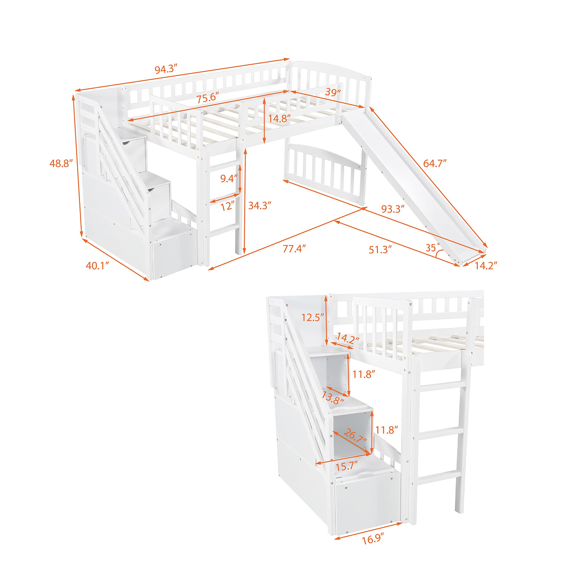 Harper & Bright Designs Twin Size Loft Bed with Slide and Stairway, Wooden Low Loft Bed with Storage for Kids Girls Boys (White)