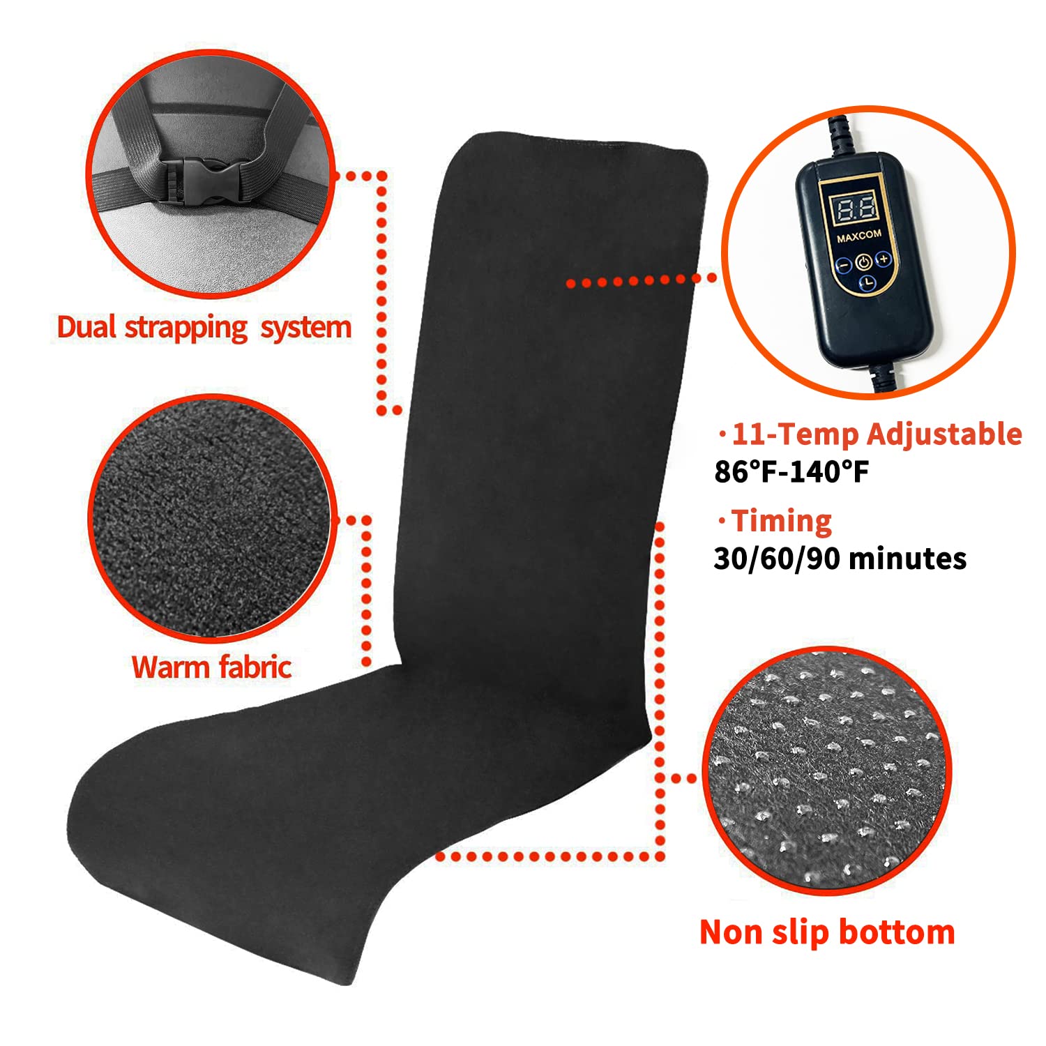 MAXCOM Foldable & Washable Fabric Heated Seat Cushion with Temperature Control & Timer - Whole Back Heating - for Office/Home Use