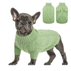 queenmore small dog pullover sweater, cold weather cable knitwear, classic turtleneck thick warm clothes for chihuahua, bulldog, dachshund, pug, yorkie (green, small)