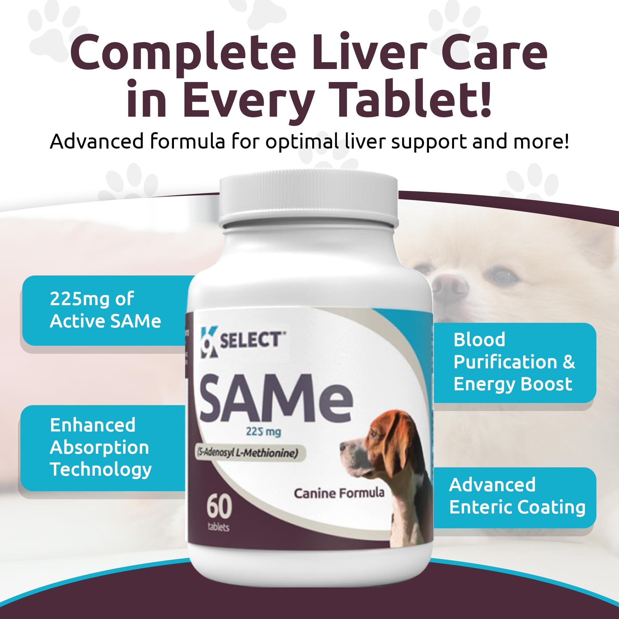 K9 Select SAM-e for Dogs: 225mg, 60 Tablets Active S-Adenosyl-L-Methionine Liver Supplement - Cognitive and Joint Health Nutrition for Medium and Large Dogs - Same Dog Liver Nutritional Supplement