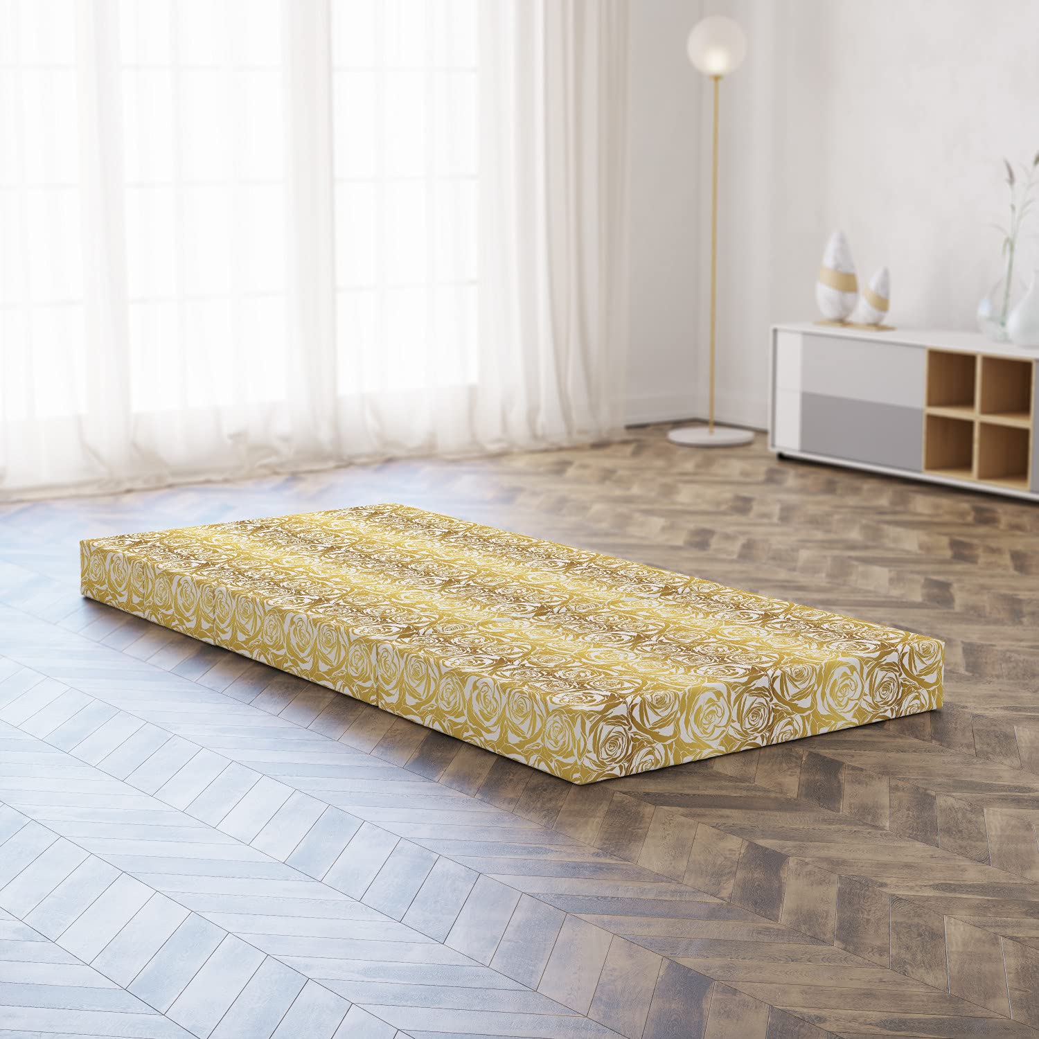 Ambesonne Floral Foldable Mattress, Dreamy Roses Pattern Modern, 74.8" x 35.4", Earth Yellow Coffee