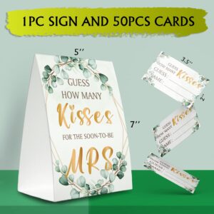 Tesedupoole Bridal Shower Game Cards Kit (1 Standing Sign + 50 Guessing Cards),Greenery Golden,Guess How Many Kisses for The Soon to Be Mrs,Bridal Tribe Party - RH15