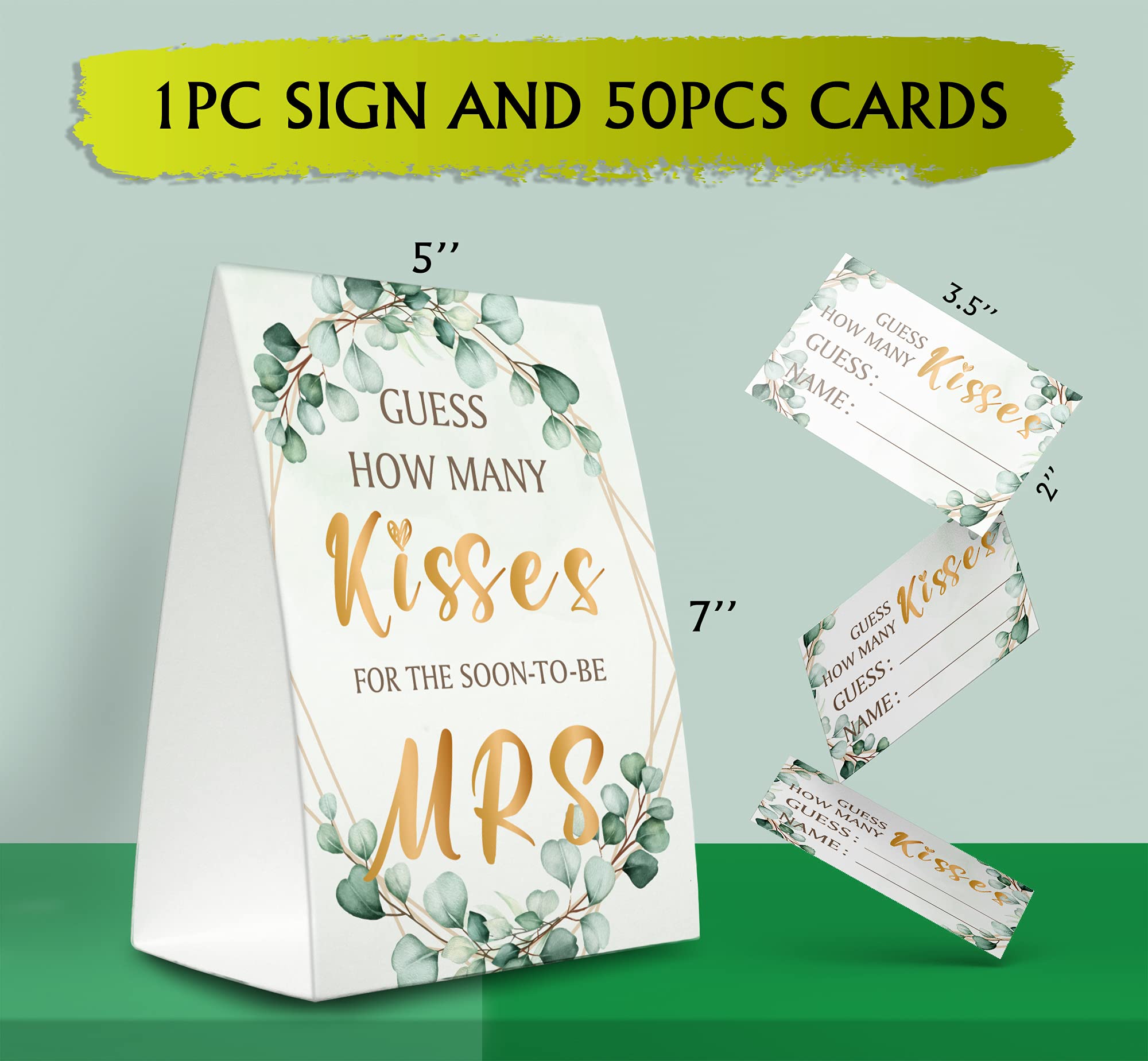 Tesedupoole Bridal Shower Game Cards Kit (1 Standing Sign + 50 Guessing Cards),Greenery Golden,Guess How Many Kisses for The Soon to Be Mrs,Bridal Tribe Party - RH15