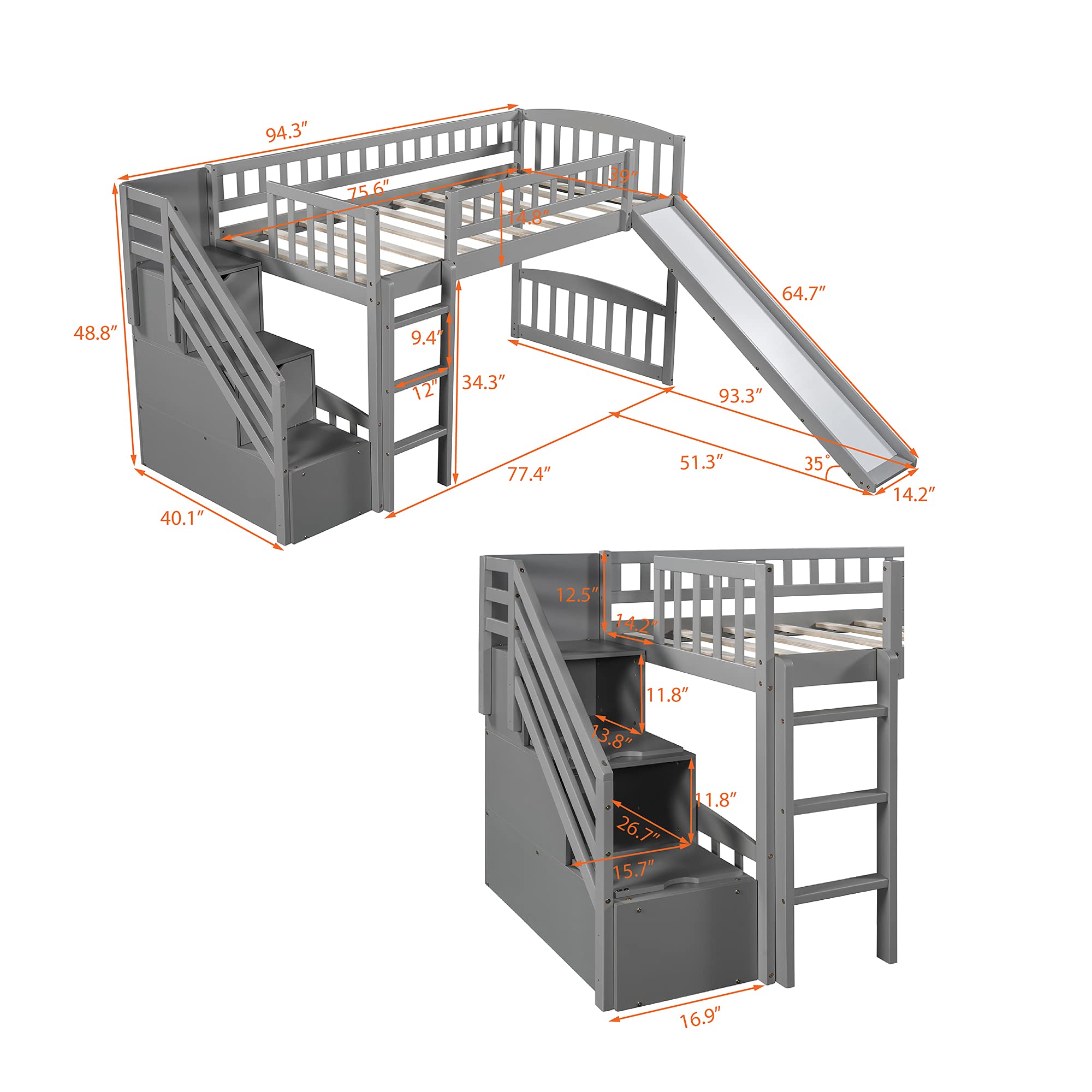 Harper & Bright Designs Twin Size Loft Bed with Slide and Stairway, Wooden Low Loft Bed with Storage for Kids Girls Boys (Gray)