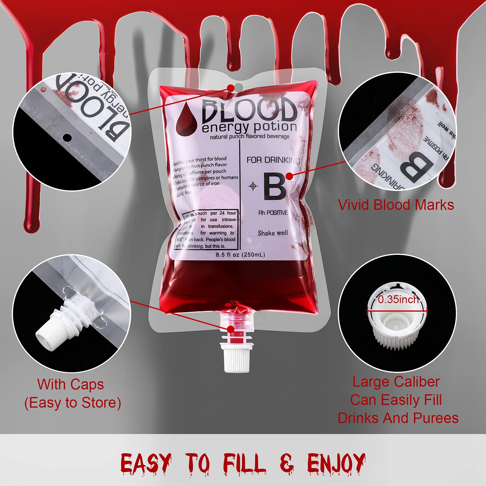 Nuenen 60 Pcs Halloween Blood Bags for Drinking, Vampire Party Drinking Pouches, Juice Puree Bag Reusable Energy Drink Container 8.5 Oz with Cap for Nurse Graduation Party