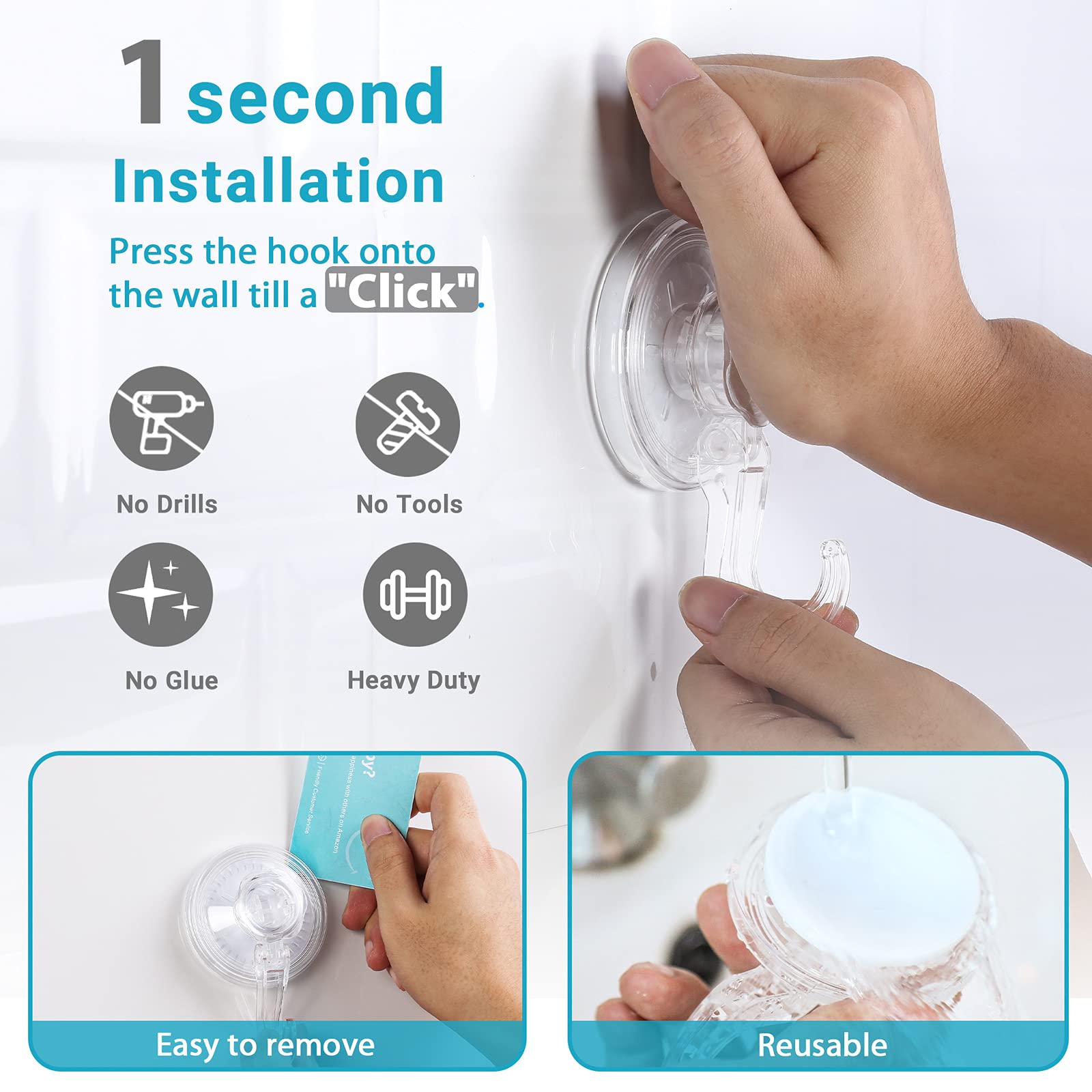 Wreath Suction Cup Hooks for Shower, Elegear Shower Suction Hooks Hold up to 11 lb, 4 Pack Reusable & Waterproof & Clear Shower Hooks, Window Suction Cups with Hooks for Loofah Wreath Bathroom kitchen