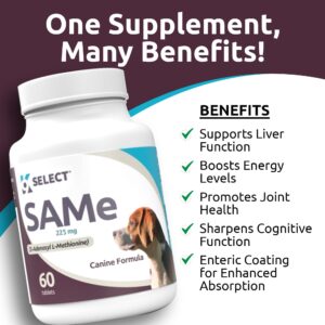 K9 Select SAM-e for Dogs: 225mg, 60 Tablets Active S-Adenosyl-L-Methionine Liver Supplement - Cognitive and Joint Health Nutrition for Medium and Large Dogs - Same Dog Liver Nutritional Supplement