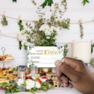 Tesedupoole Bridal Shower Game Cards Kit (1 Standing Sign + 50 Guessing Cards),Greenery Golden,Guess How Many Kisses for The Soon to Be Mrs,Bridal Tribe Party - RH15