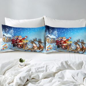 Erosebridal Merry Christmas Bedding Set, Boys Girls Santa Claus Fitted Sheet Home Decor, Xmas Deer Snowflake Bed Sheet Twin Christmas Bedding Decor & 1 Pillow Case, Blue