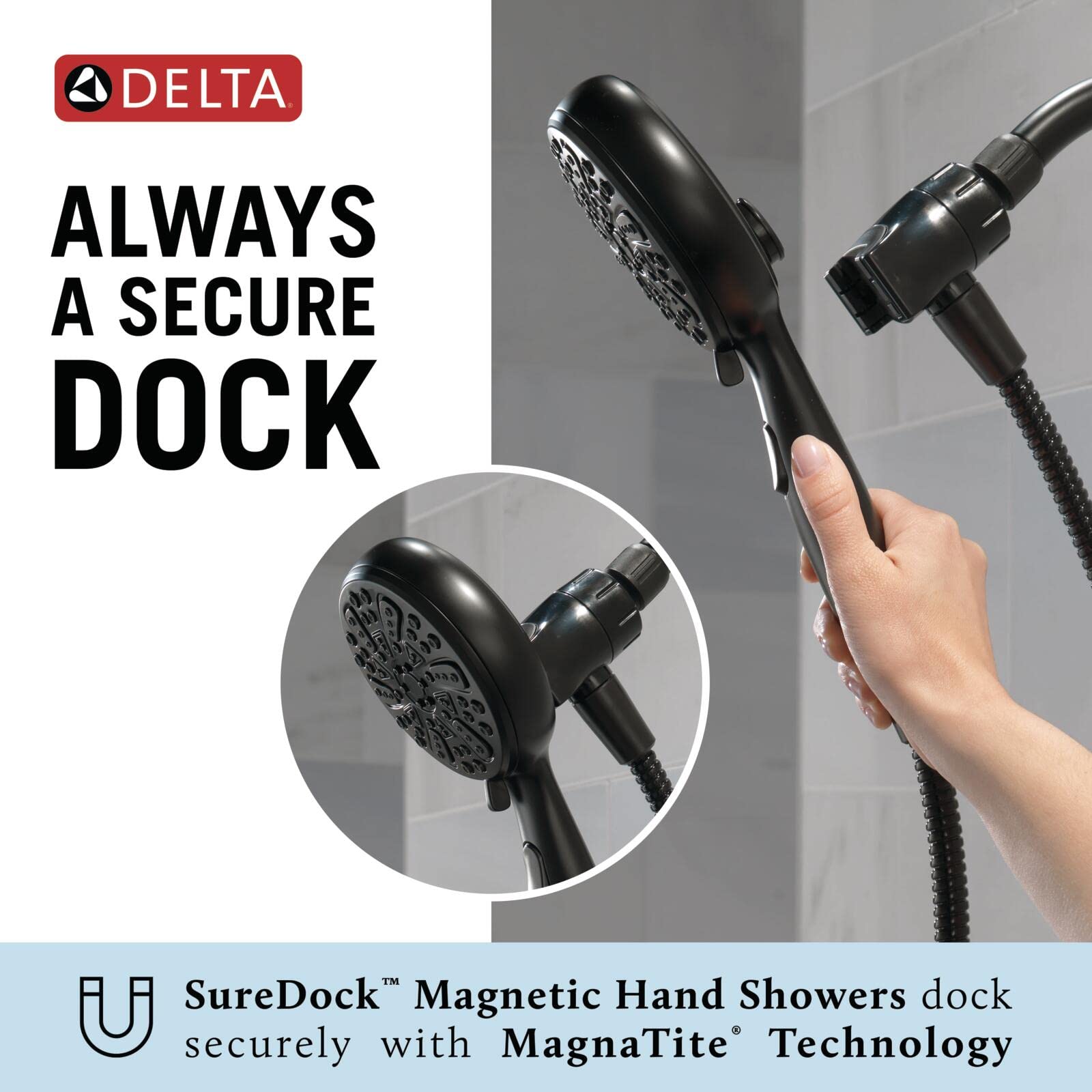 Delta Faucet 6-Setting SureDock Magnetic Shower Head with Handheld Spray, Brushed Nickel Shower Head with Hose, Round Shower Head, Showerheads & Handheld Showers, MagnaTite Docking, Stainless 75609SN