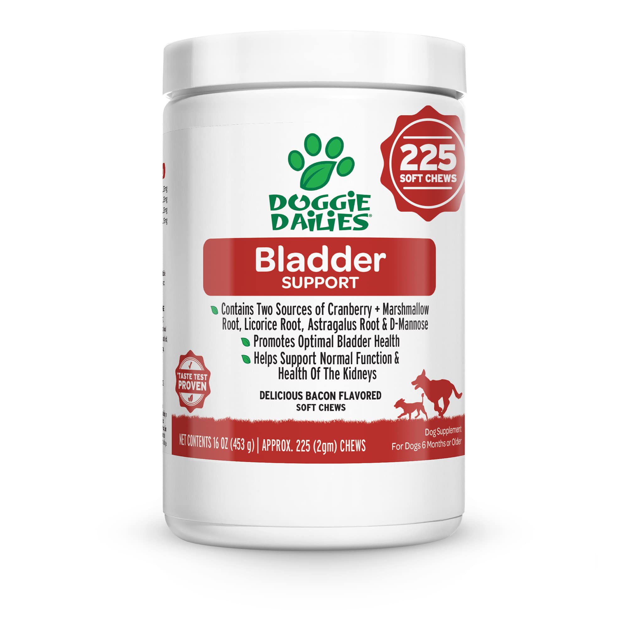 Doggie Dailies Cranberry Supplement for Dogs, 225 Soft Chews, Urinary Tract, Bladder & Kidney Support for Dogs, Cranberry for Dogs with Marshmallow Root, Licorice Root & Apple Cider Vinegar (Bacon)