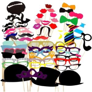 party props for photo booth birthday wedding kids adult prom 58 pcs, rowae diy funny costumes with mustache on a stick, hats, glasses, mouth, bowler, bowties