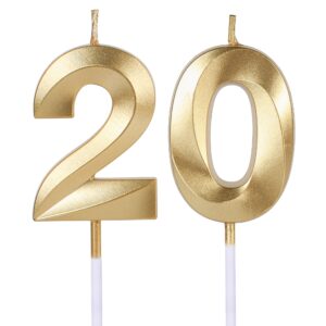 gold 20th birthday candles for cakes, number 20 2 glitter candle cake topper for party anniversary wedding celebration decoration