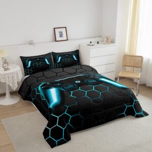 Gaming Comforter for Boys Teens Game Bedding Sets Twin,Kids Gamer Comforter Set Game Home Decor,Soft Neon Lights Gamepad Duvet Insert All Season Hexagon Quilt Comforter with 1 Pillowcase, Blue Grey