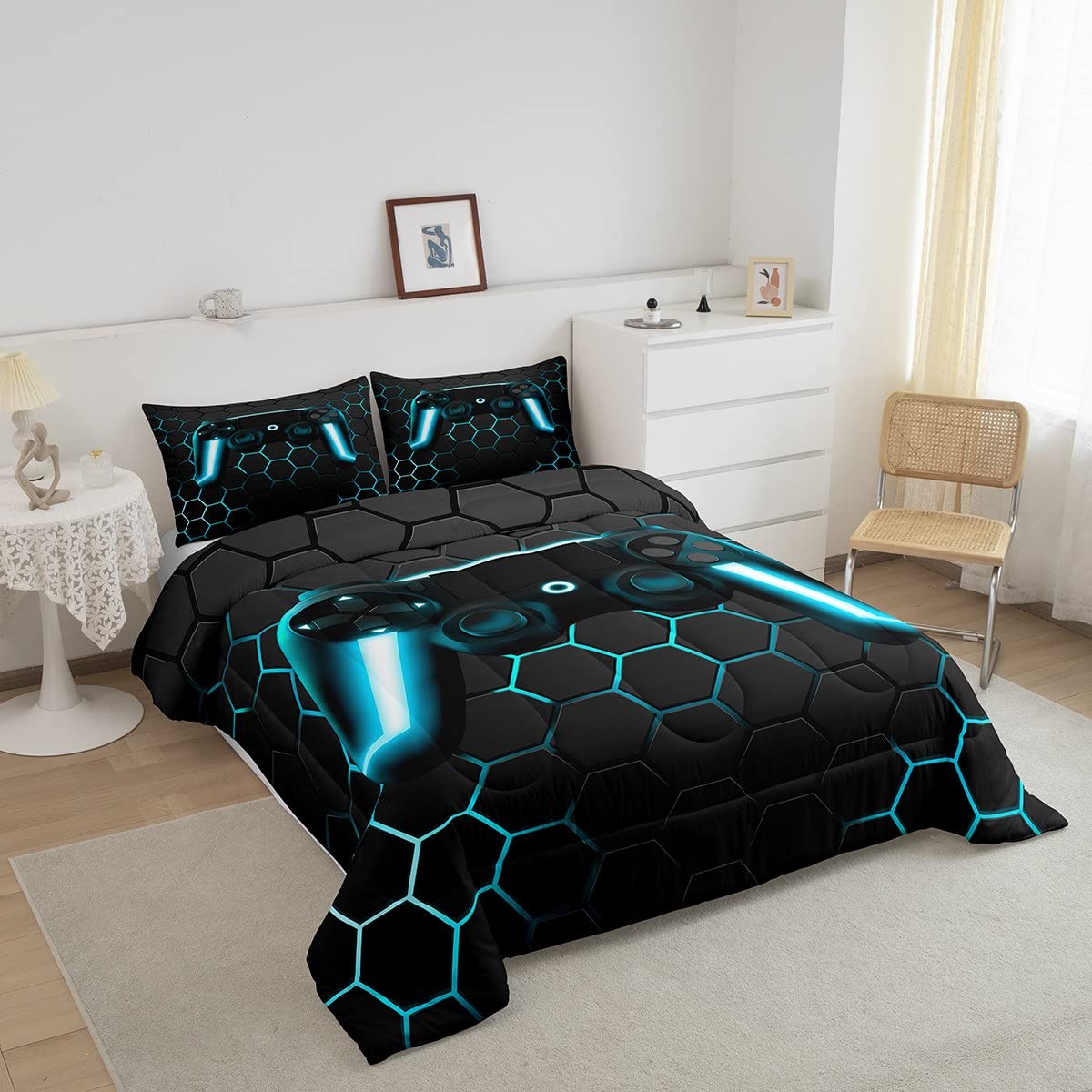 Gaming Comforter for Boys Teens Game Bedding Sets Twin,Kids Gamer Comforter Set Game Home Decor,Soft Neon Lights Gamepad Duvet Insert All Season Hexagon Quilt Comforter with 1 Pillowcase, Blue Grey