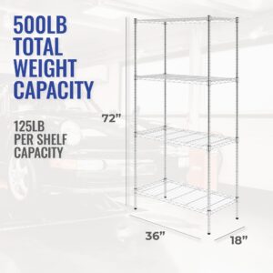 SafeRacks - NSF Certified Storage Shelves, Zinc, Heavy Duty Steel Wire Unit with Adjustable Feet, Garage or Bakers Rack, Kitchen, Pantry Shelf - (18"x36"x72" 4-Tier) (Silver)