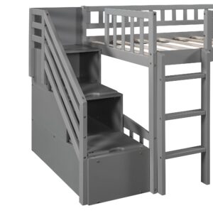 Harper & Bright Designs Twin Size Loft Bed with Slide and Stairway, Wooden Low Loft Bed with Storage for Kids Girls Boys (Gray)