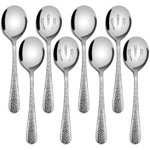 hammered serving spoons, e-far 8-piece metal serving utensils set - solid spoons x 4, slotted spoons x 4, stainless steel hostess serving tablespoons set for catering buffet party kitchen restaurant