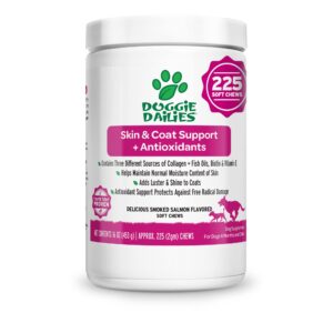 doggie dailies skin & coat supplement + antioxidant support, 225 soft chews, salmon oil for dogs skin and coat with collagen, omega 3, krill oil, biotin, & coconut oil for dogs (salmon)