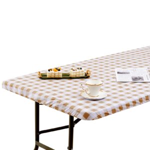 6ft rectangle elastic fitted tablecloth, waterproof spill-proof edged vinyl table cover khaki checkered printed with flannel baking, easy to wipe off stains, great for picnic party outdoor patio