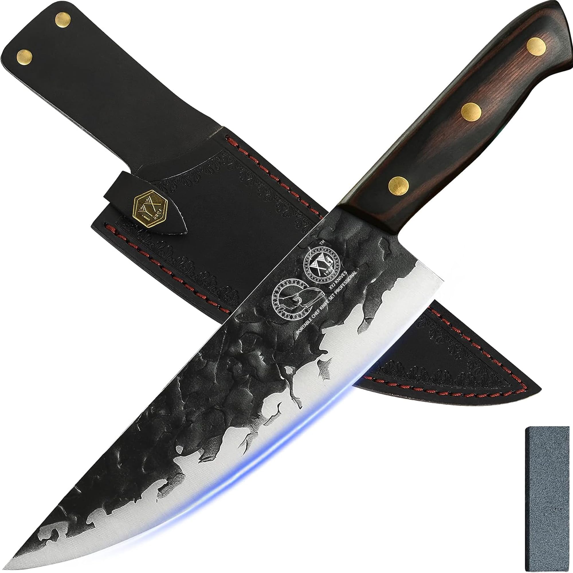 XYJ FULL TANG 8 Inch Professional Chef Knife With Carry Sheath &Whetstone Stainless Steel Kitchen Camping Knives For Slice Fish Meat Cutting