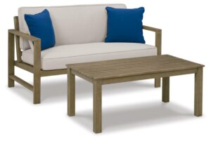 signature design by ashley outdoor fynnegan patio eucalyptus loveseat & coffee table, beige with blue pillows