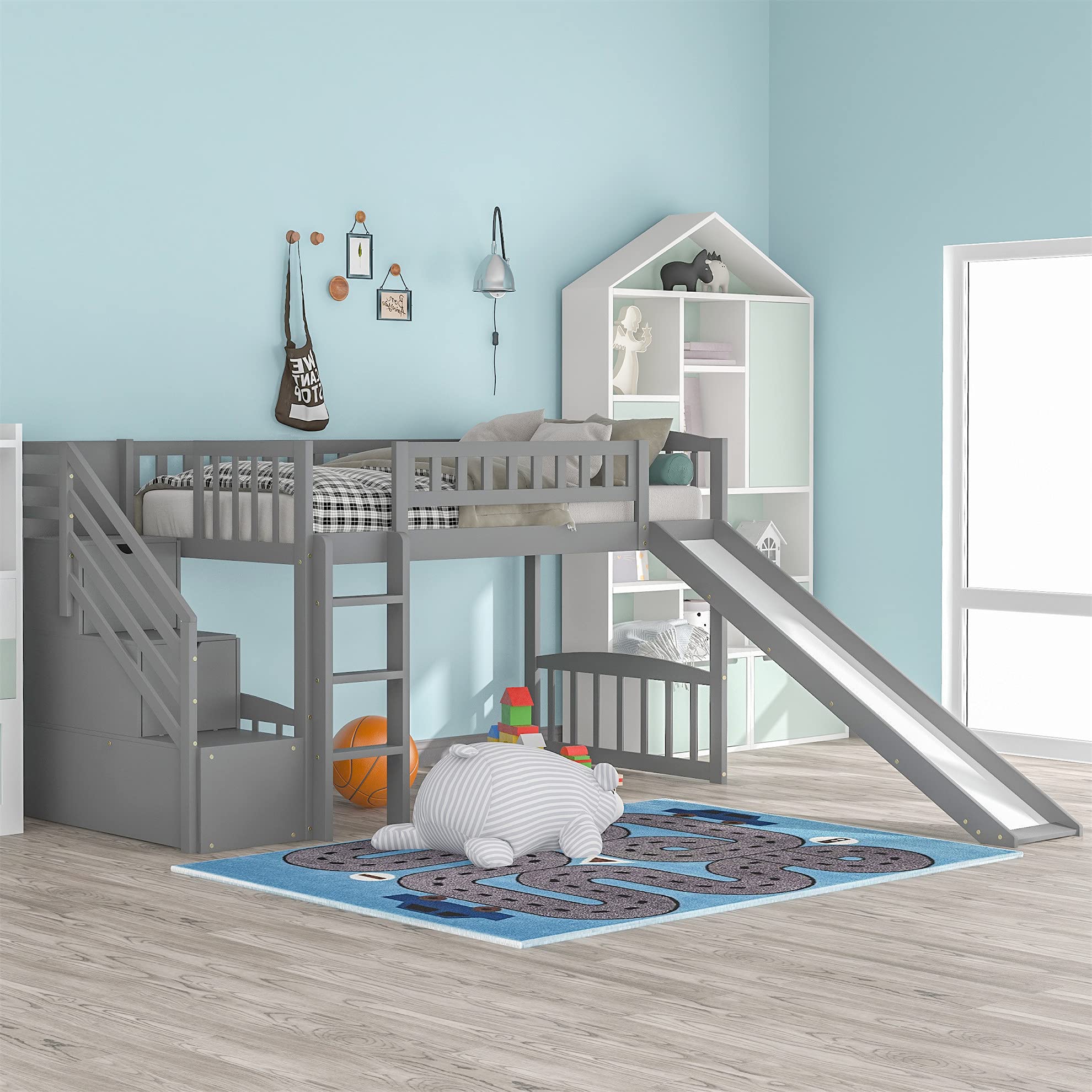 Harper & Bright Designs Twin Size Loft Bed with Slide and Stairway, Wooden Low Loft Bed with Storage for Kids Girls Boys (Gray)