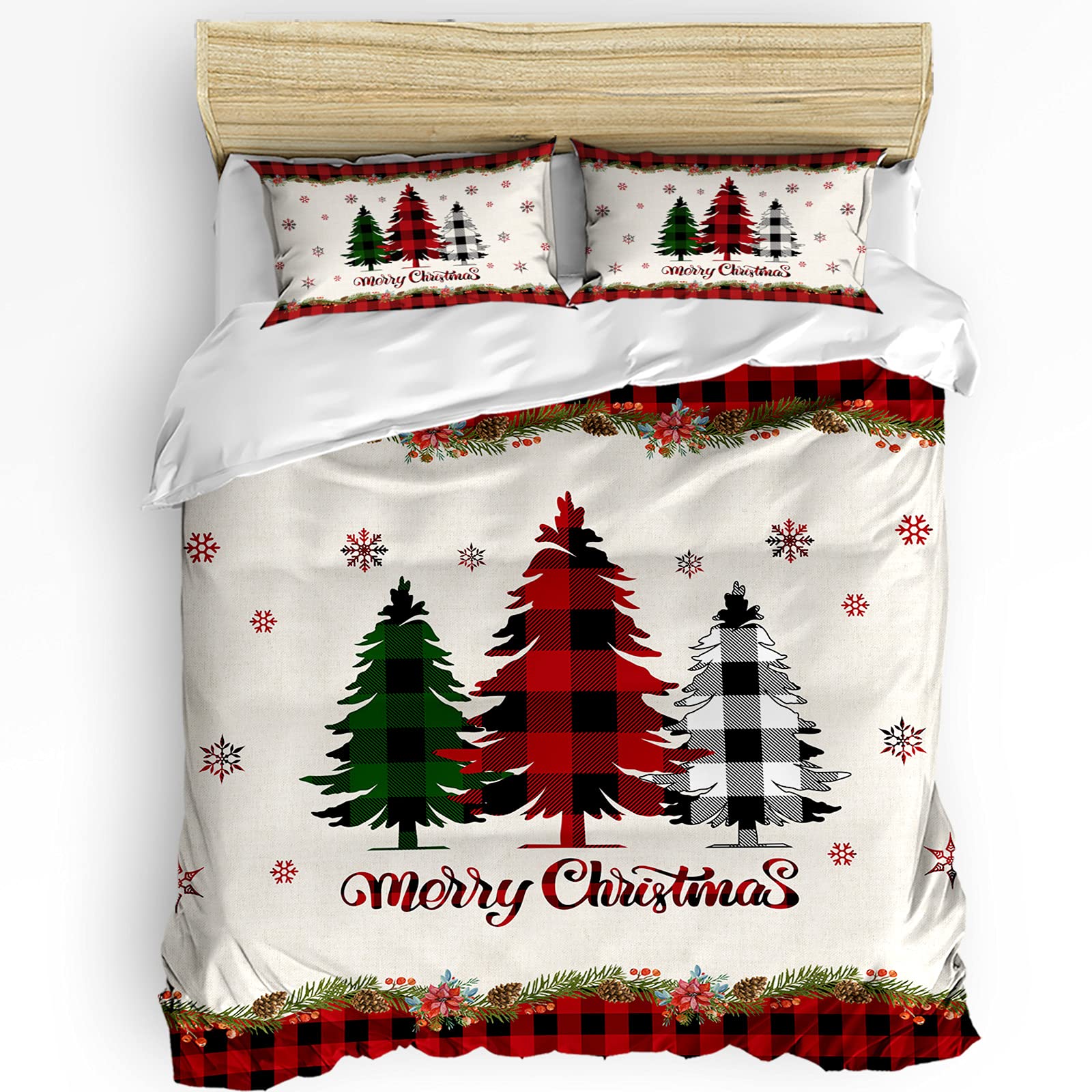 3 Piece Comforter Cover Set California King, Merry Christmas Plaid Xmas Tree and Snowflakes Red Lattice Border Soft Bedding Set for Kids Teens Children Adults (1 Duvet Cover and 2 Pillowcases)